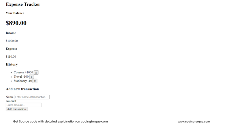 Expense Tracker Using Html Css And Javascript Source Code Coding Torque Coding Torque